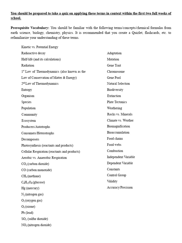 List of Prerequisite Terms - Concepts - Chemical Formulas | PDF