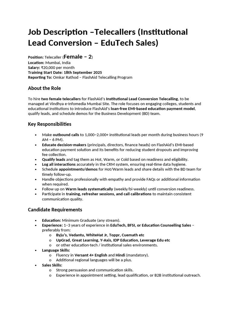Telecaller Job Opening in EduTech Sales | PDF | Educational Technology