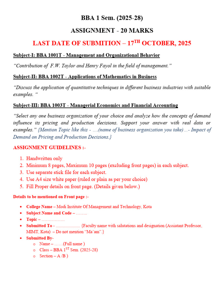 Bba 1st Sem 2025 Assignments (All Subjects) | PDF