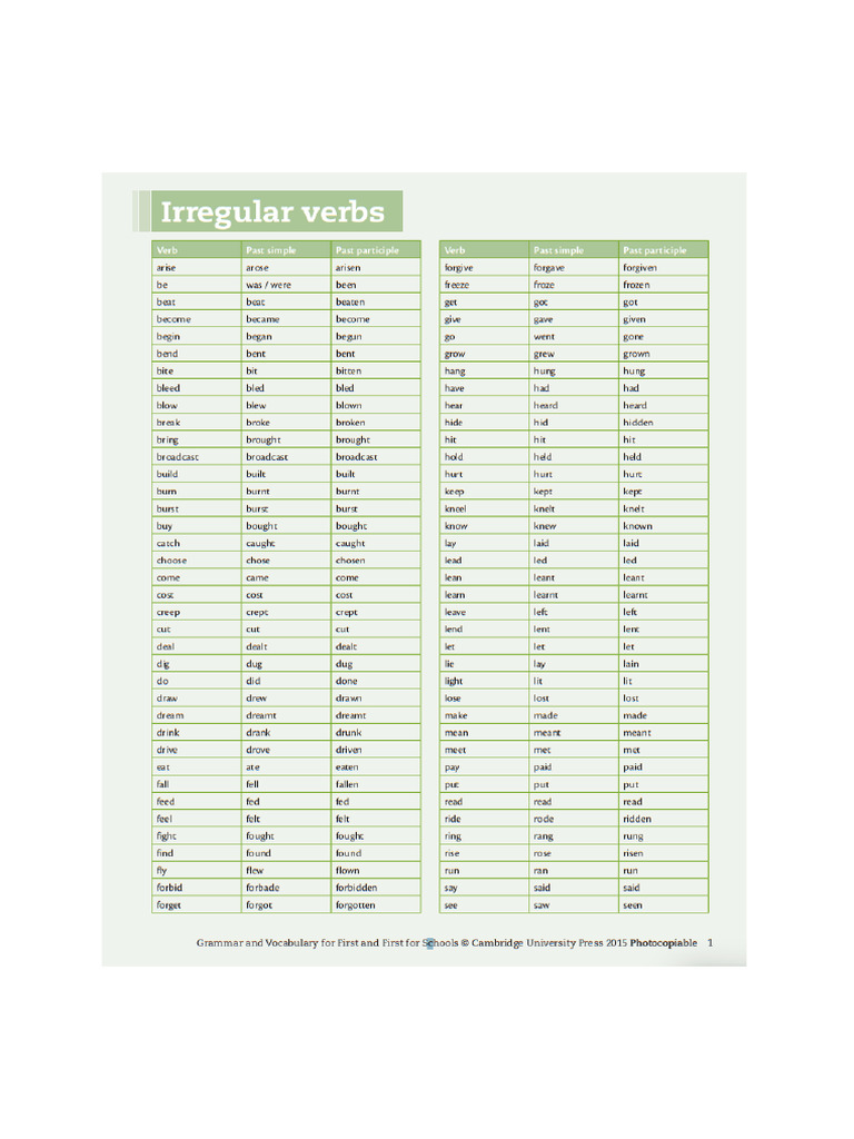 Irregular Verbs List | PDF