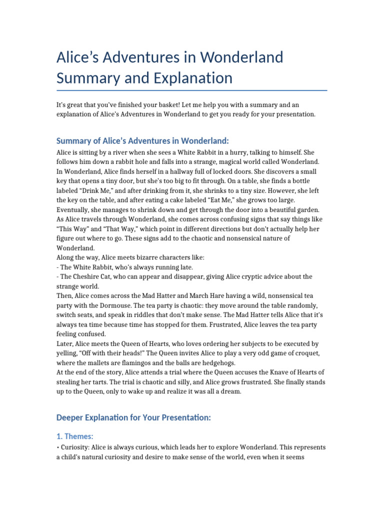 Alice in Wonderland Summary and Explanation | PDF | Alice's Adventures ...