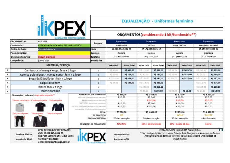 Orçamento de Uniformes Femininos KPEX | PDF