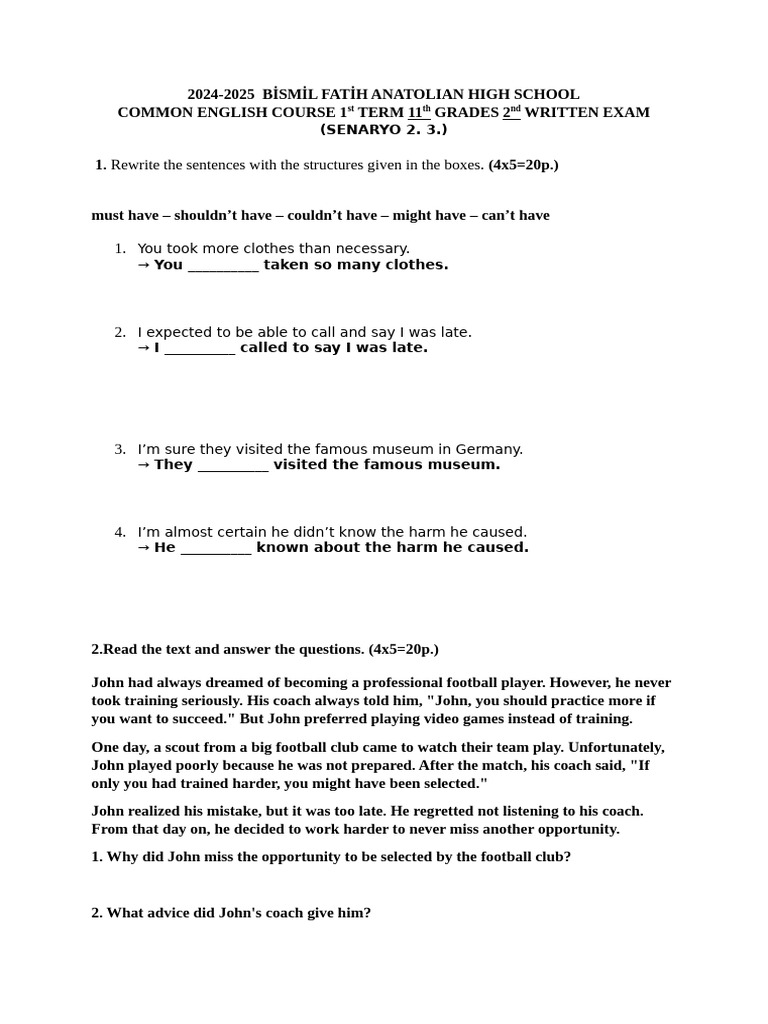11th Grade English Exam Questions | PDF