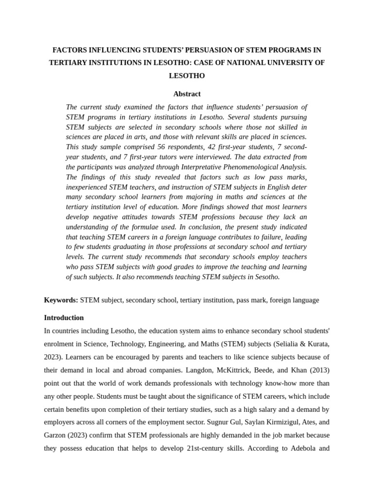 Factors Influencing Students' Persuasion of Stem Programs in Tertiary Institutions in Lesotho ...