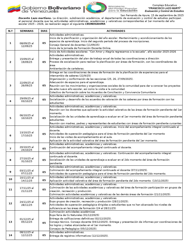 CRONOGRAMA DE ACTIVIDADES 1er MOMENTO 2025-2026 LAZO MARTI | PDF ...