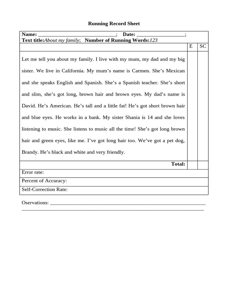 Running Record Sheet | PDF