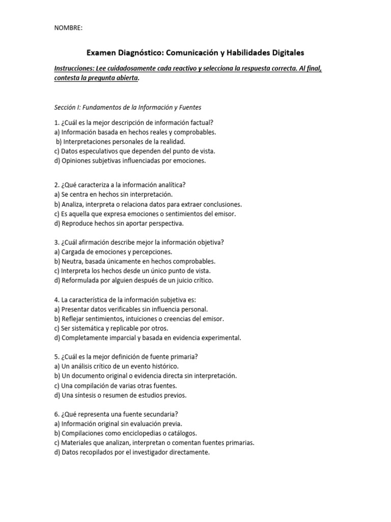 Examen sobre Comunicación Digital y Fuentes | PDF