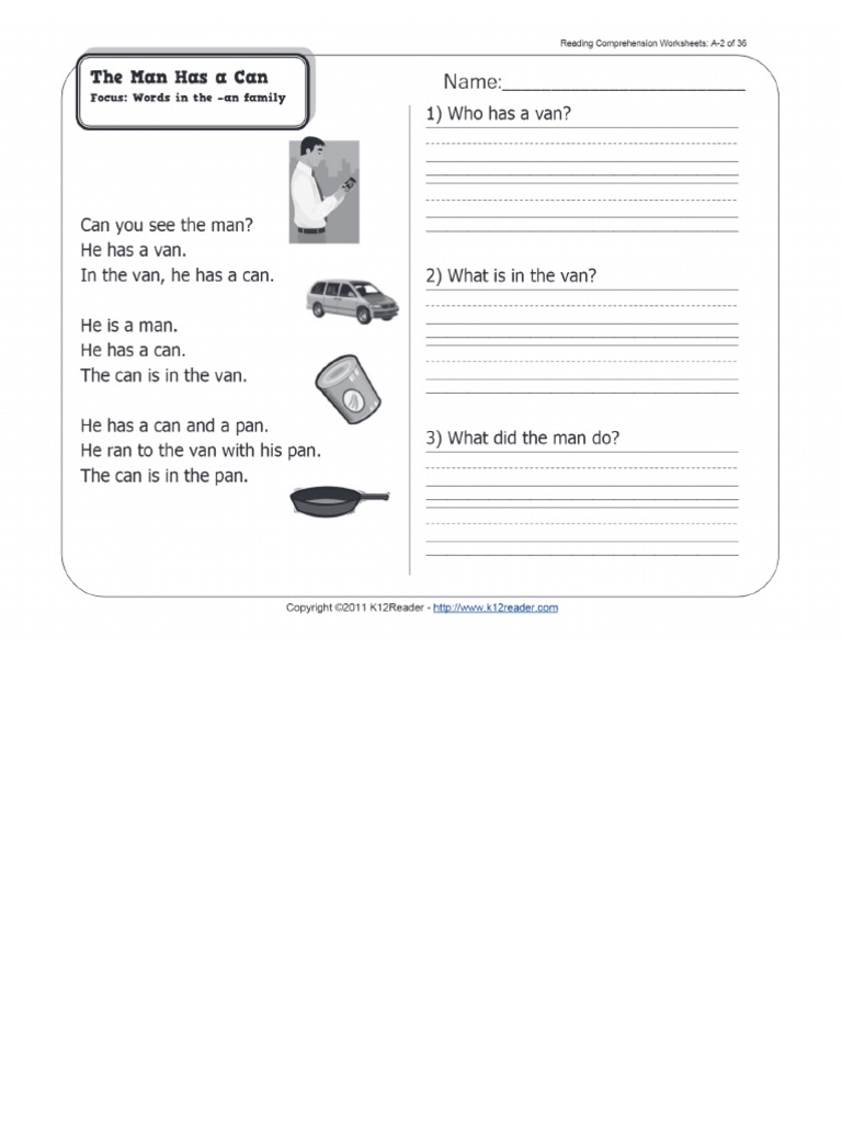 The Man Has A Can - 1st Grade Reading Comprehension Worksheet WK 2 | PDF