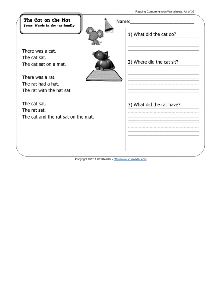 The Cat On The Mat - 1st Grade Reading Comprehension Worksheet WK 1 | PDF