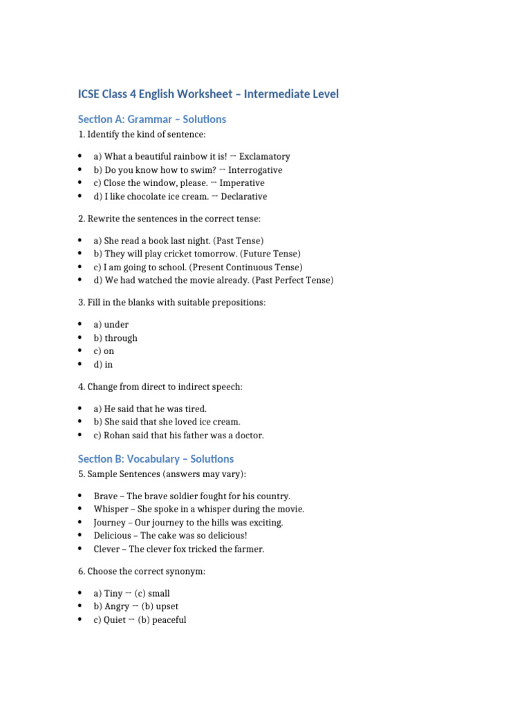 ICSE Class4 English Worksheet Solutions | PDF