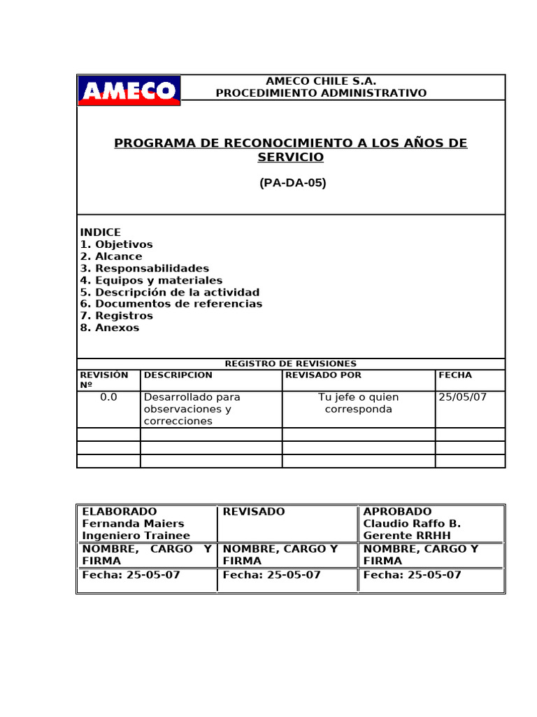 PA-DA-05 Programa de Reconocimiento Años de Servicio Rev 0.0 | PDF ...