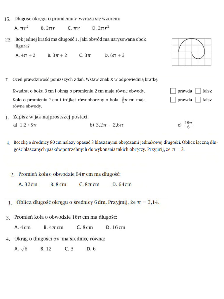 Pole I Obwód Koła Sprawdzian Pdf