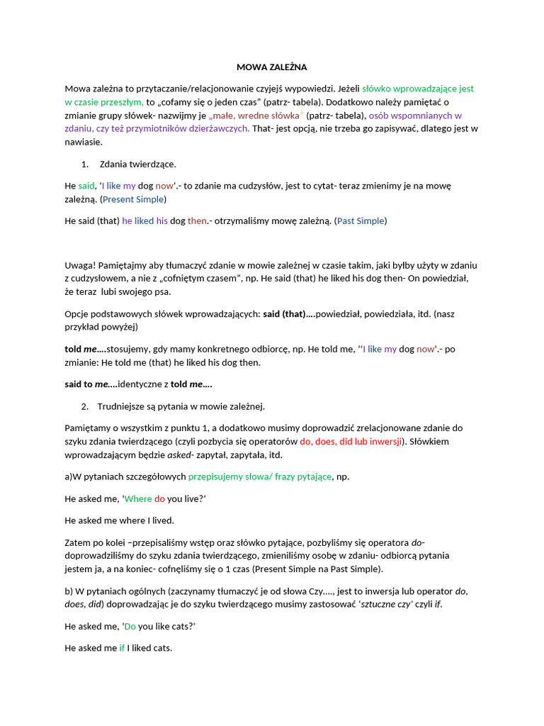 Mowa Zalezna Czesc Pierwsza Teoria | PDF