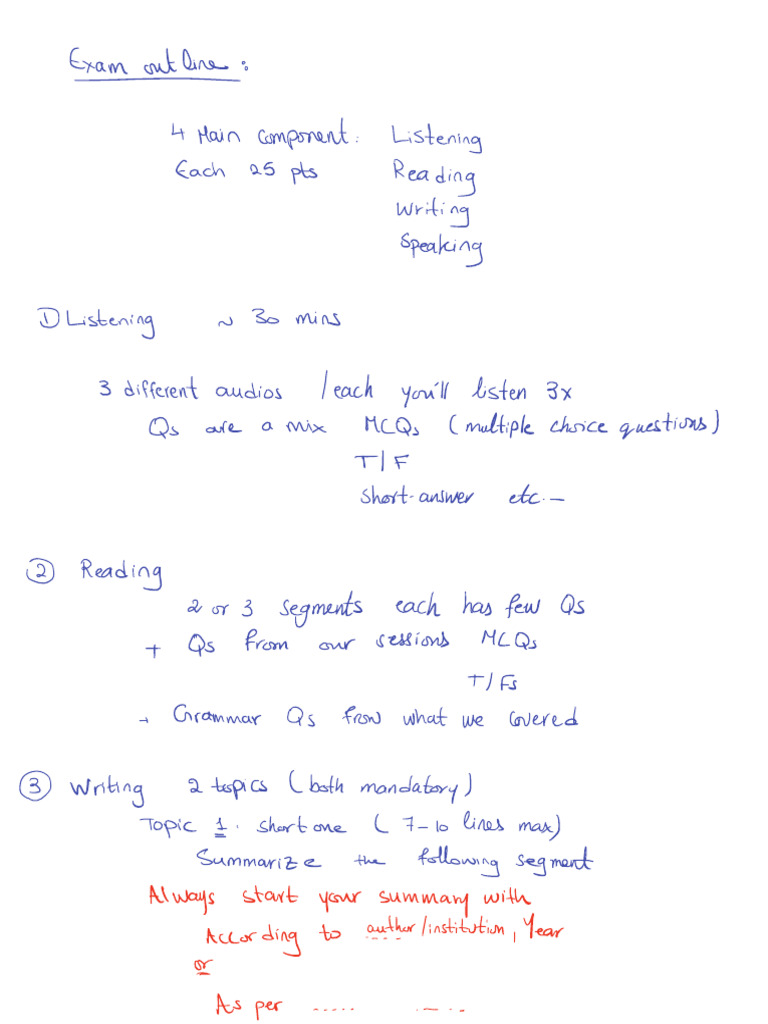 Exam Outline: Listening, Reading, Writing, Speaking | PDF