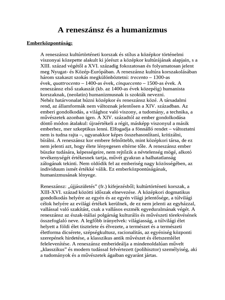 A Reneszánsz És A Humanizmus | PDF