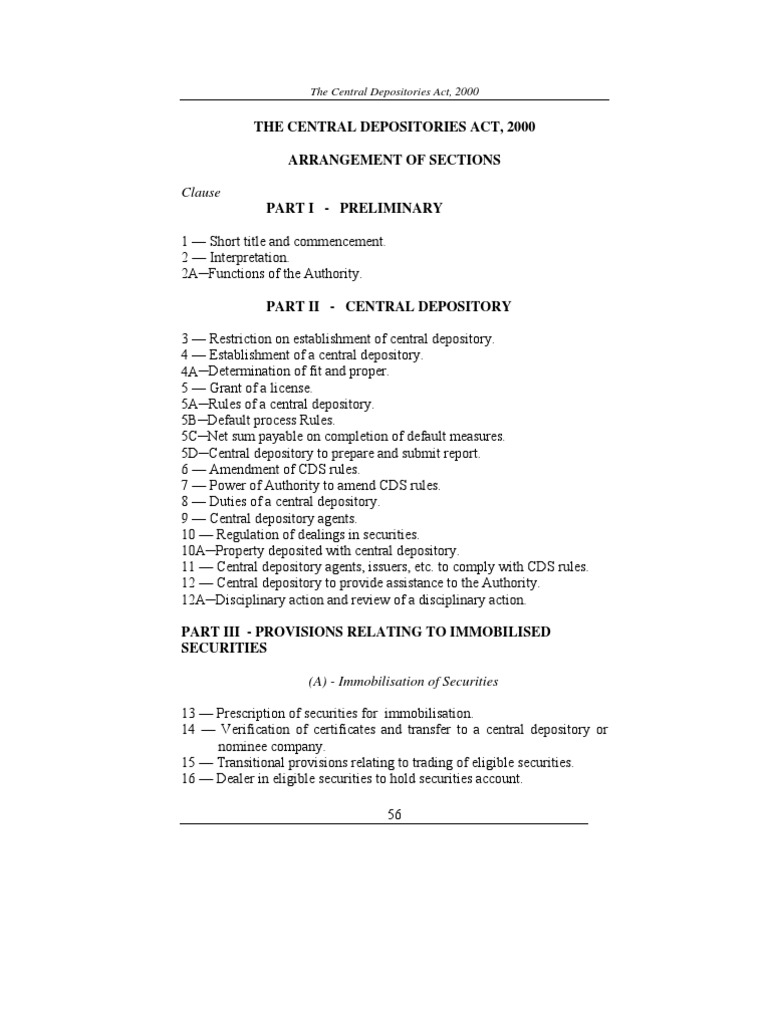 The Central Depositories Act No 4 Of 2000 Securities Finance