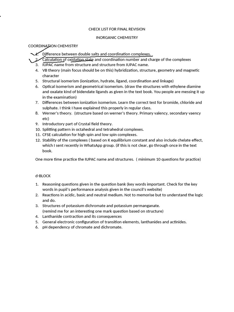 Check List For Inorganic Chemistry | PDF