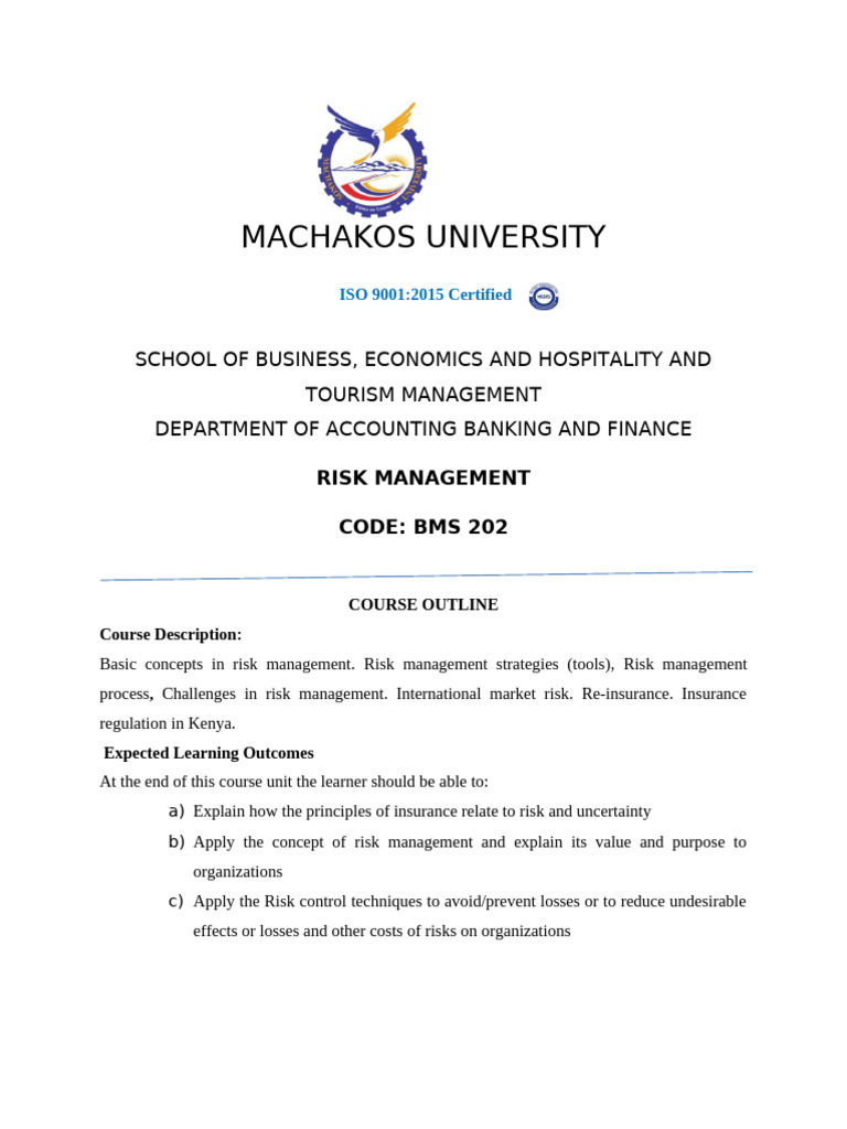 Risk Management Course Outline BMS 202 | PDF | Risk | Risk Management