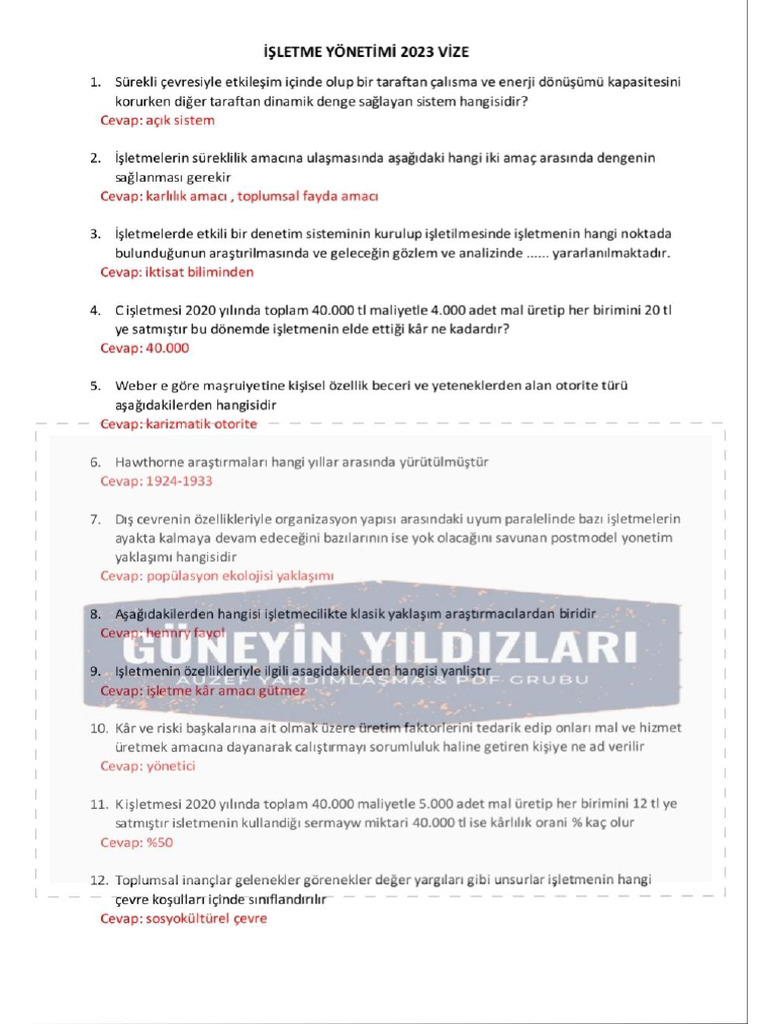 Işletme Yönetimi Vize 2023 | PDF