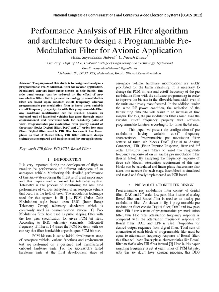 Performance Analysis of FIR Filter Algorithm and Architecture To Design ...