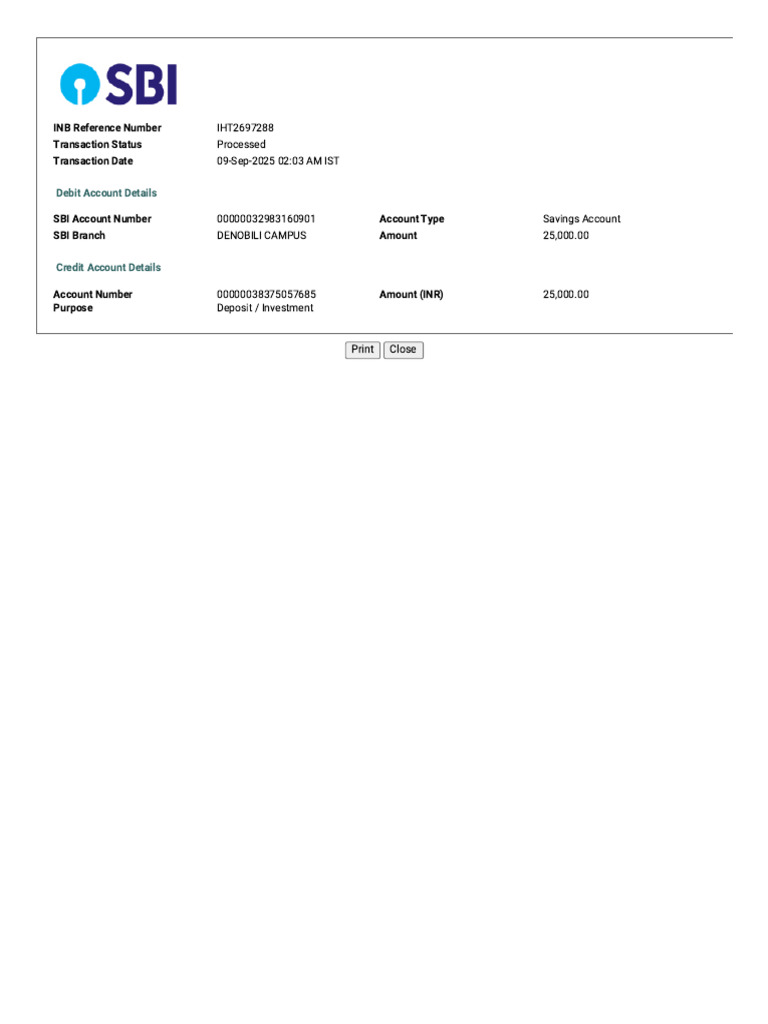 SBI Transaction Details: Deposit of ₹25,000 | PDF