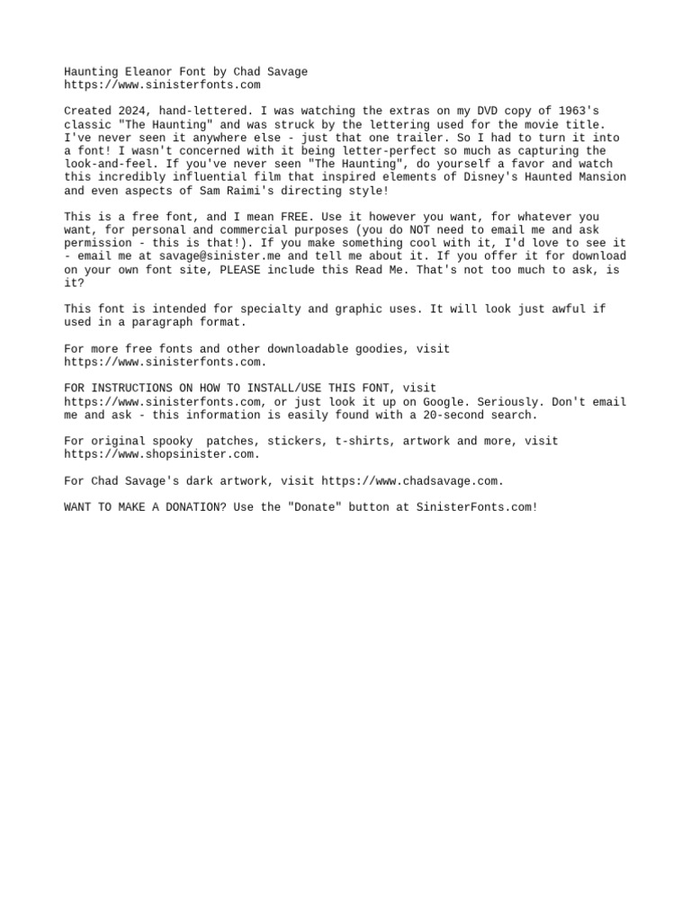 Haunting Eleanor Font Info and Read Me - Sinister Fonts | PDF