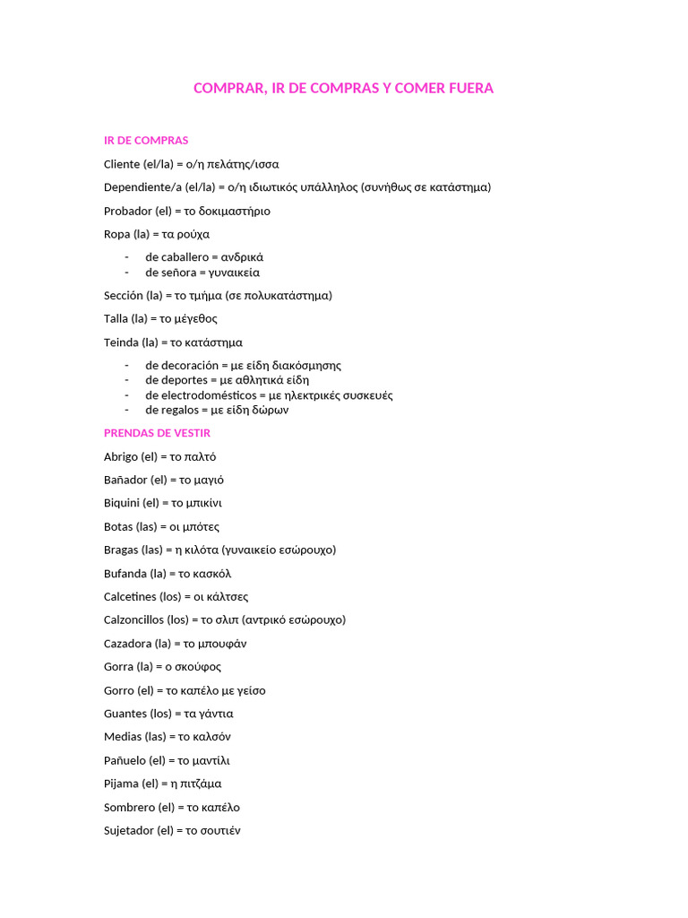 Examen 2-Comprar, Ir de Compras y Comer Fuera - Vocabulario | PDF