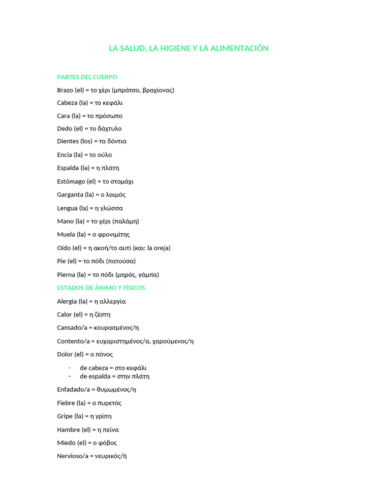 Examen 3-La Salud, La Higiene y La Alimentación - Vocabulario | PDF