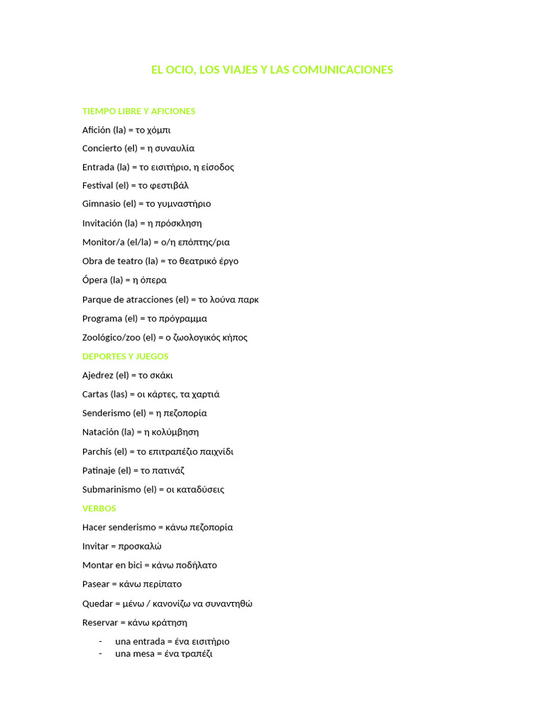 Examen 6 - El Ocio, Los Viajes y Las Comunicaciones - Vocabulario | PDF