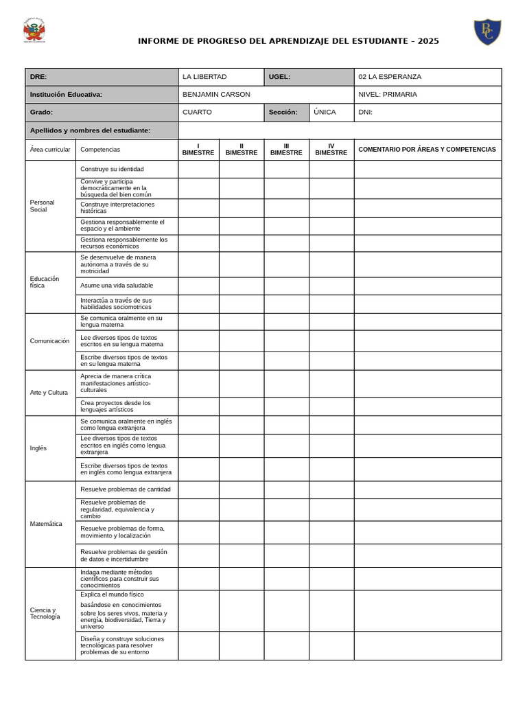 Plantilla Boleta de Notas Primaria 2025 Archivo | PDF | Aprendizaje ...