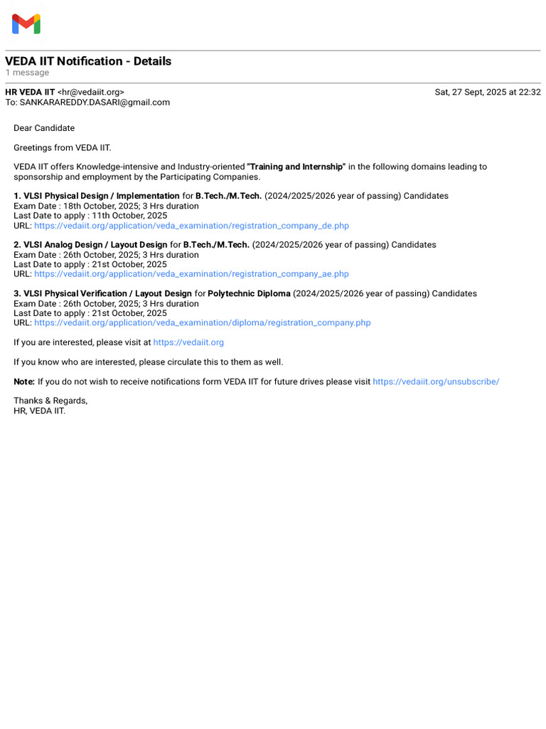 VEDA IIT Notification - Details | PDF