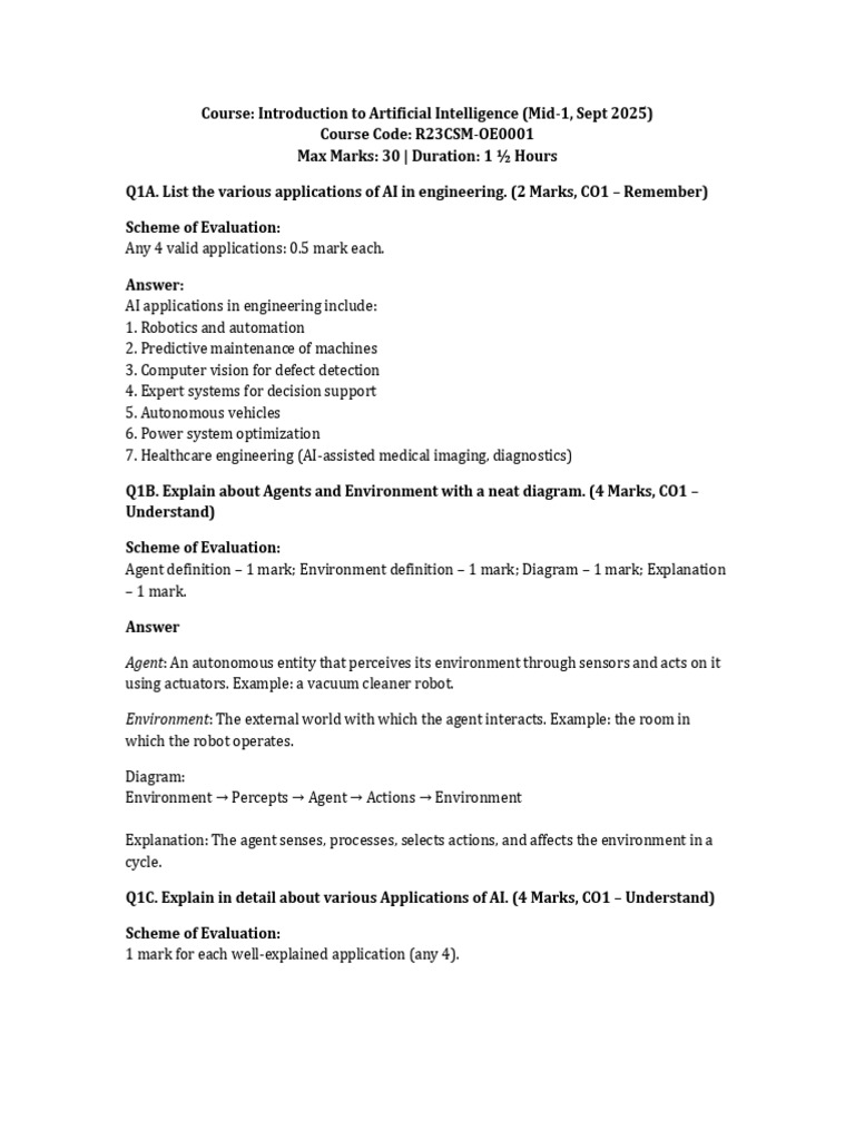 AI Mid1 Scheme ModelAnswers | PDF | Artificial Intelligence | Intelligence (AI) & Semantics