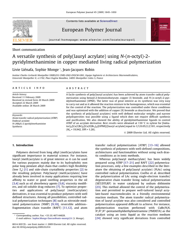 Synthesis of Poly(lauryl Acrylate) via ATRP | PDF | Polymerization ...