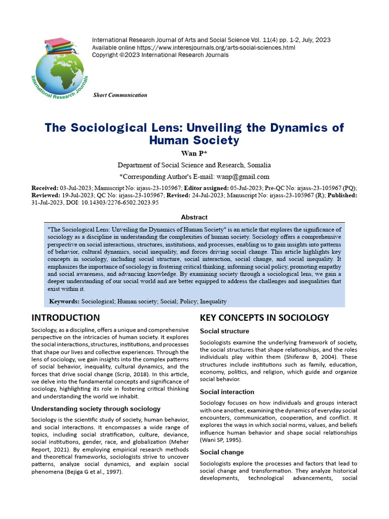 The Sociological Lens Unveiling The Dynamics of Human Society | PDF ...