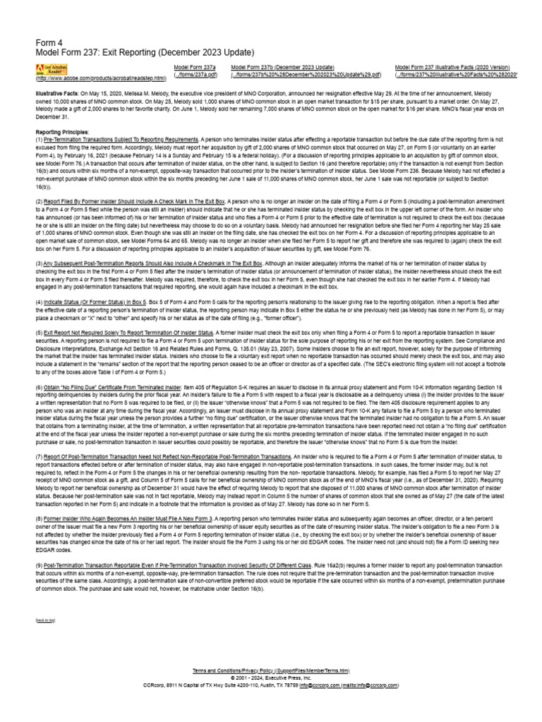 Model Form 237 Exit Reporting | PDF | Form 10 K | Securities (Finance)