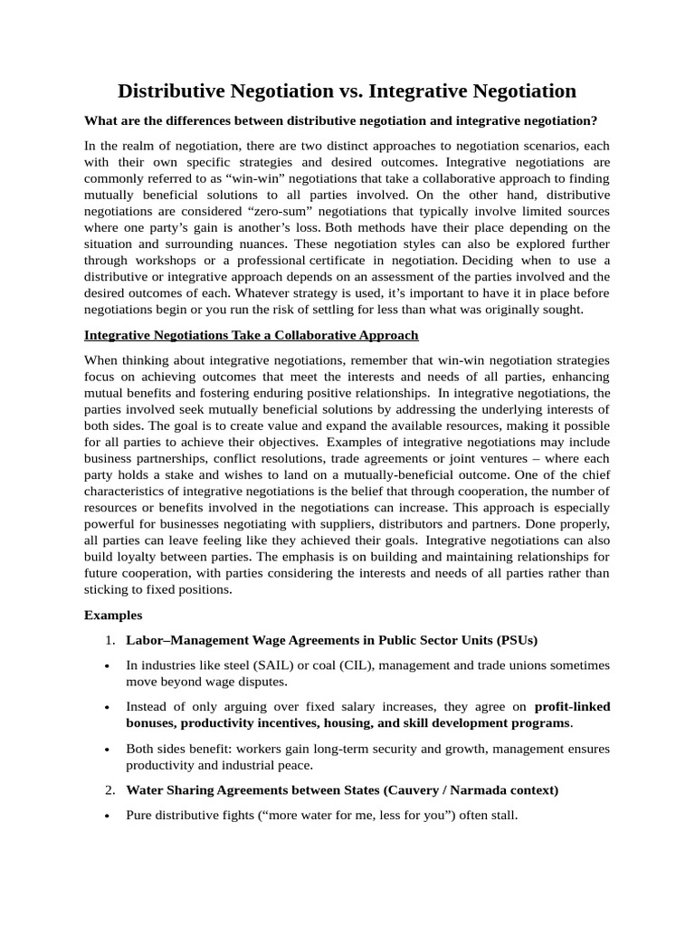 Distributive Negotiation vs. Integrative Negotiation | PDF ...