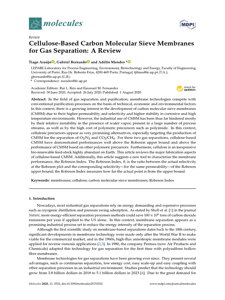 Cellulose Carbon Molecular Sieve Membranes | PDF | Membrane | Membrane ...