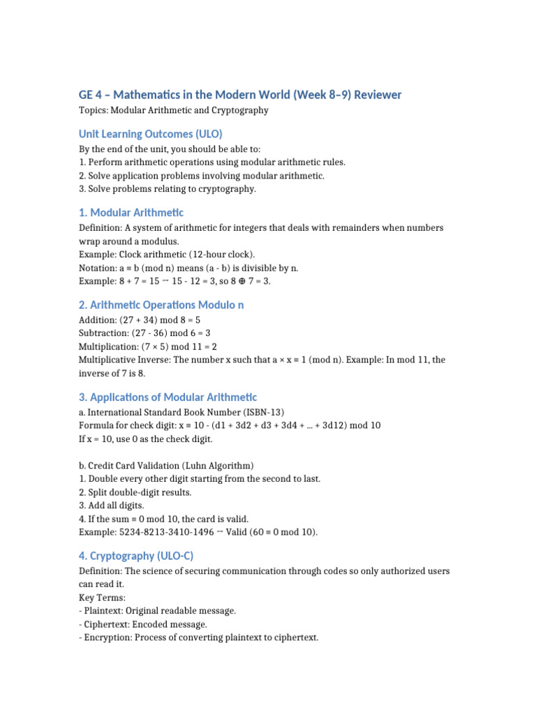 GE4 Mathematics Modular Arithmetic Reviewer | PDF | Encryption | Number Theory