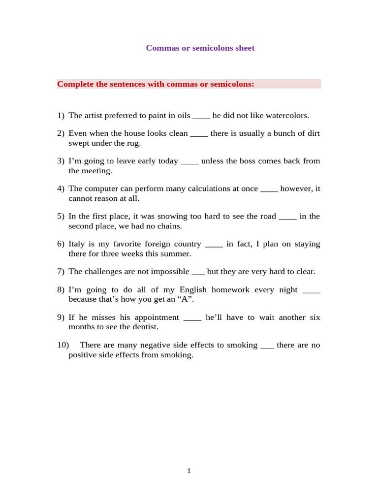 Commas or Semicolons Sheet | PDF