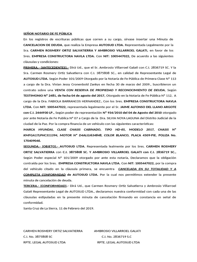 Minuta de Cancelacion de Deuda Sres. Constructora Navla Ltda. 11-02 ...