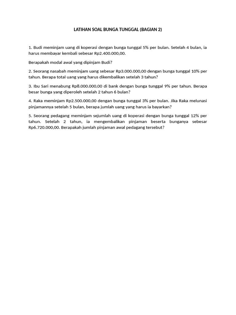 Latihan Soal Bunga Tunggal 2023 | PDF