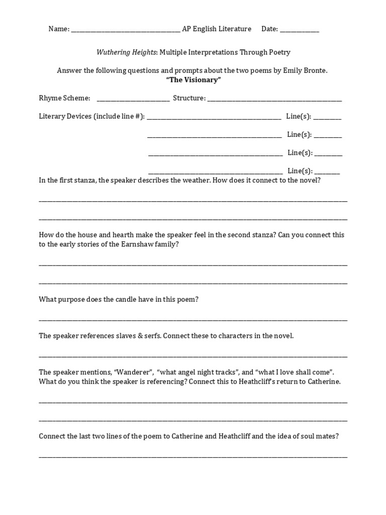 Wuthering Heights Poetry Analysis Guide | PDF | Heathcliff (Wuthering ...
