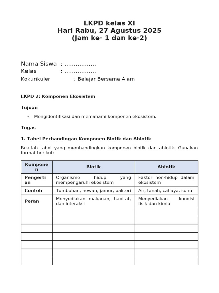 LKPD 1.2 Kelas XI, Hari Rabu, 27 Agustus 2025 (Komponen Ekosistem) | PDF
