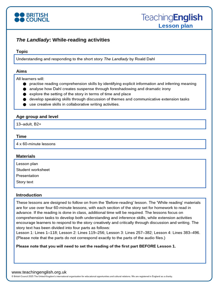 The Landlady: Lesson Plan Activities | PDF | Lesson Plan