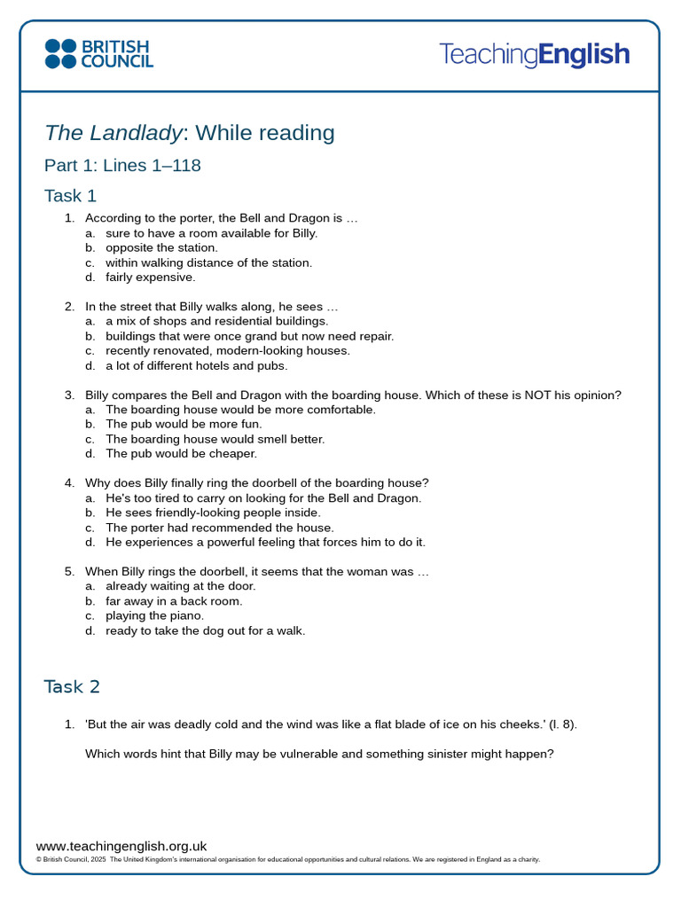 The Landlady - While-Reading - Student Worksheet | PDF