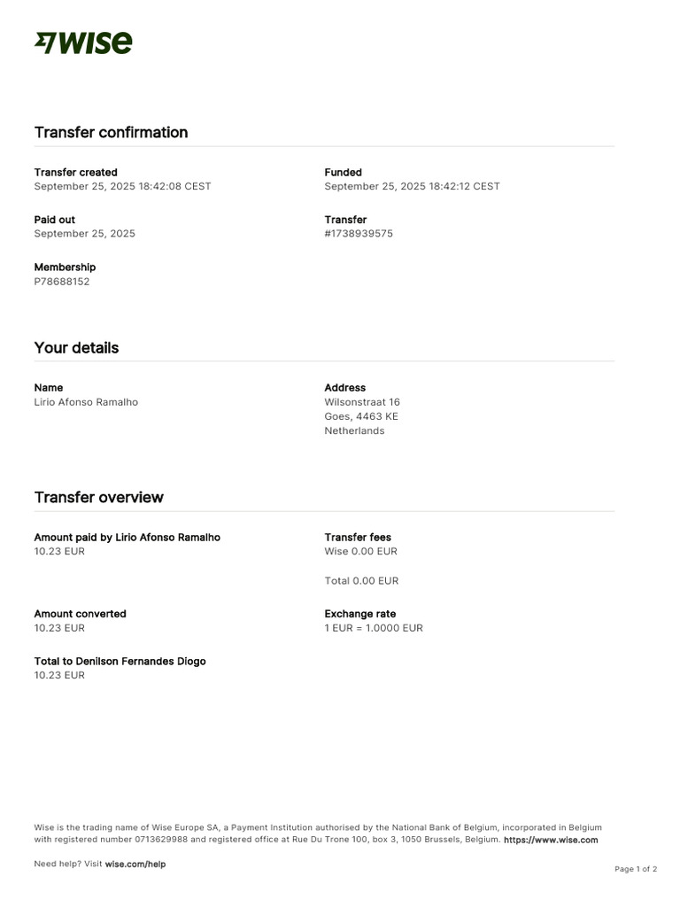 Wise Transfer Confirmation Transfer 1738939575 6383979981 PT | PDF ...