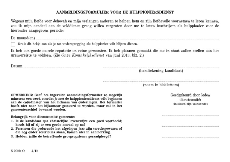 Aanmeldingsformulier Voor de Hulppioniersdienst: Onze Koninkrijksdienst ...