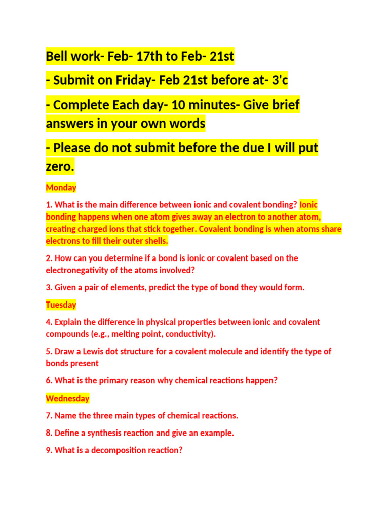 Bell Work Physical Science - Feb - 17th To Feb - 21st | PDF