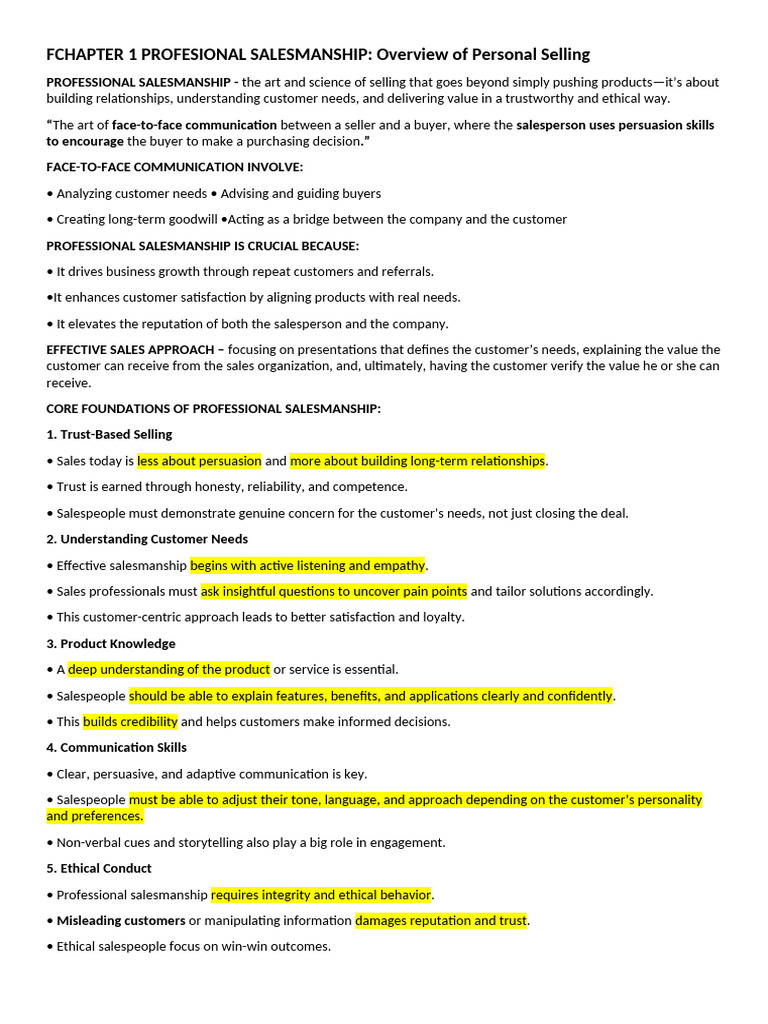 Chapter 1 Profesional Salesmanship Reviewer | PDF | Sales | Customer