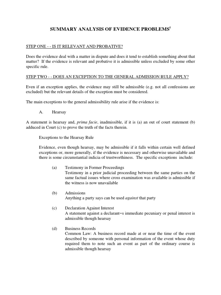 Summary Analysis of Evidence Problems | PDF | Hearsay | Evidence (Law)